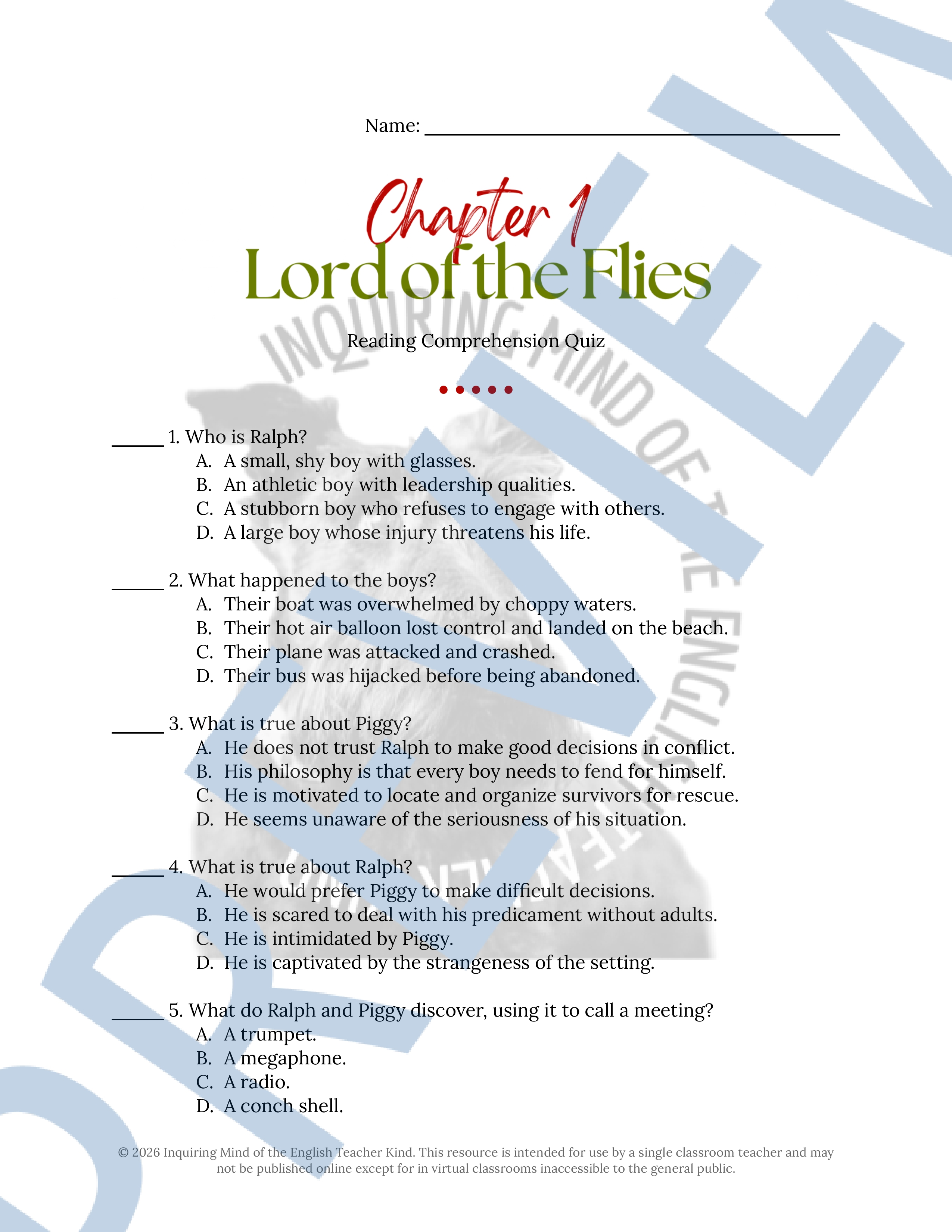 Lord of the Flies Chapter 1 Quiz and Answer Key | Guided Reading ...