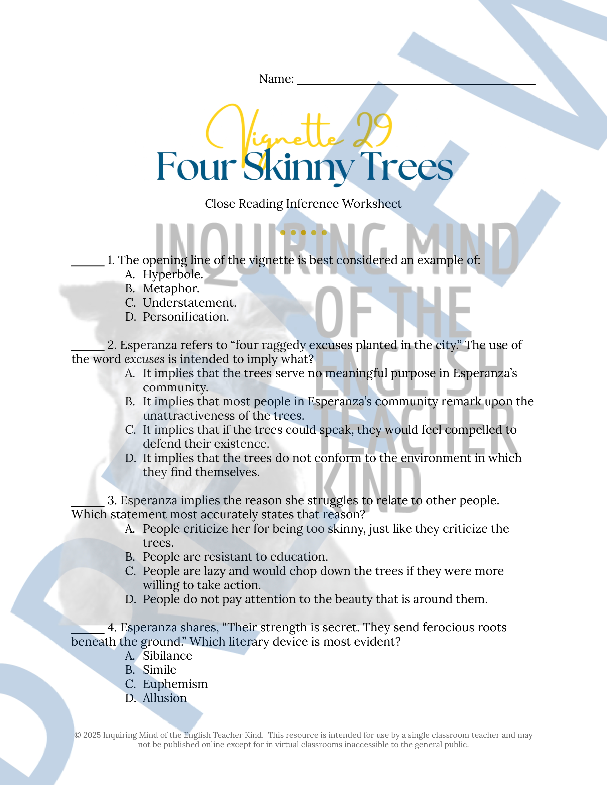 The House on Mango Street "Four Skinny Trees" Close Reading Inference ...