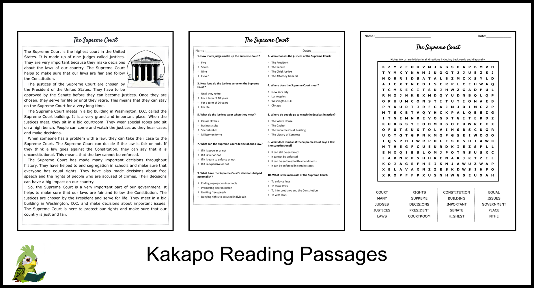 The Supreme Court Reading Comprehension and Word Search | Teaching ...