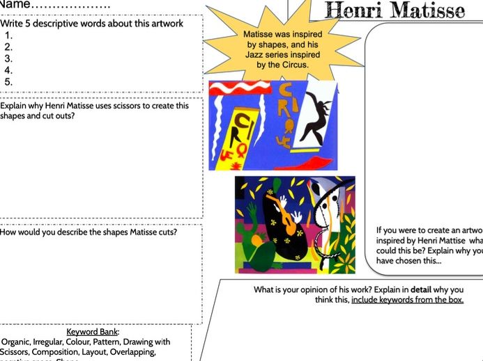 Henri Matisse Planning Sheet KS3 Artist Annotations Teaching Resources