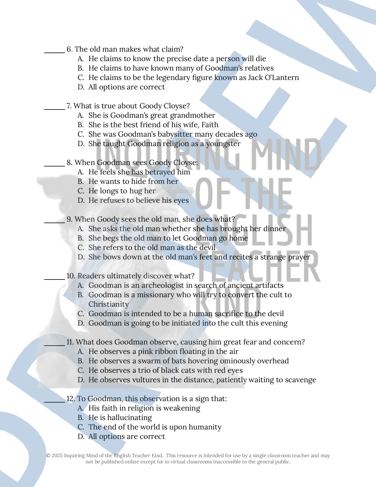 "Young Goodman Brown" by Nathaniel Hawthorne Quiz and Answer Key ...