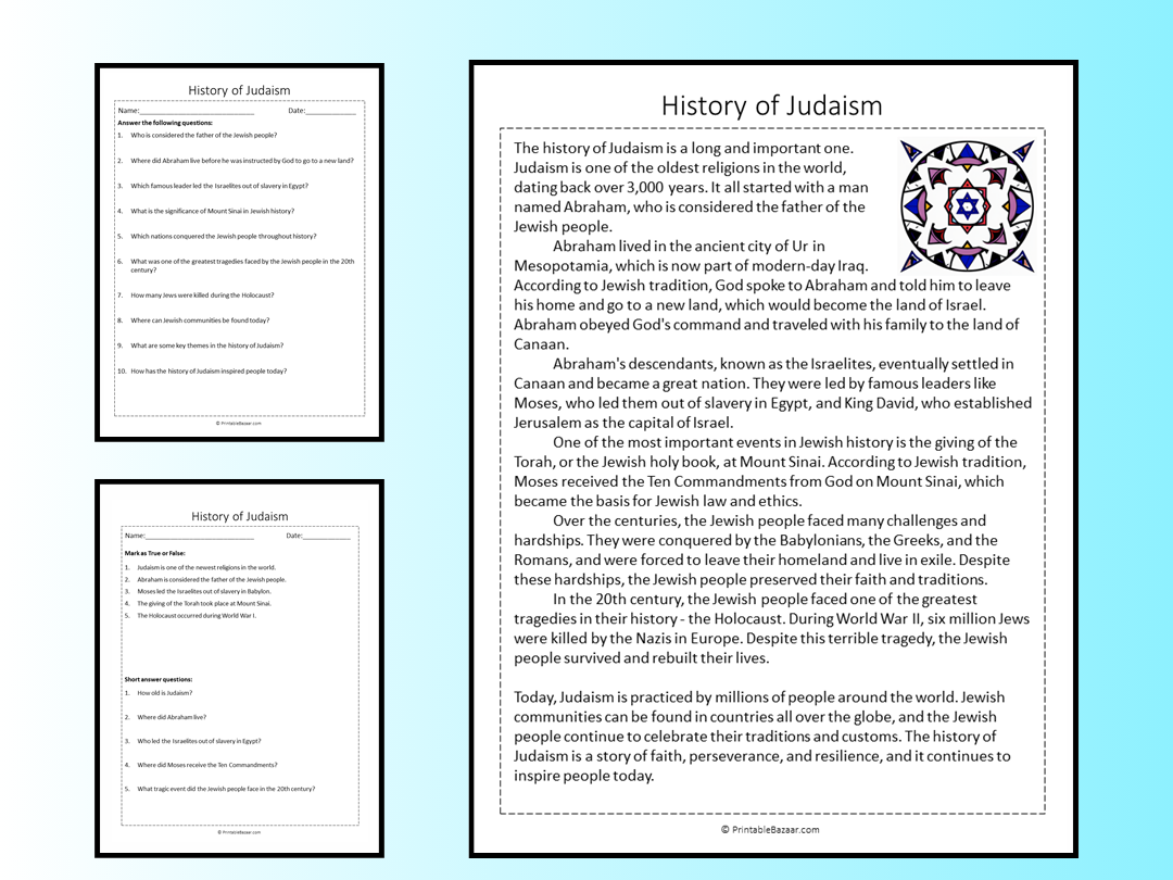 History of Judaism Reading Comprehension Passage Printable Worksheet ...