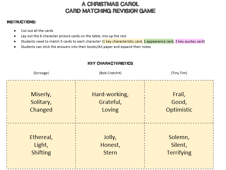 GCSE English Lit - A Christmas Carol - Card Matching Revision Game ...