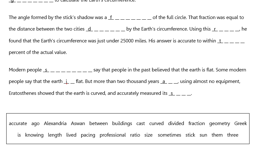 Eratosthenes measures Earth: cloze sheetrs, differentiated x 4 ...