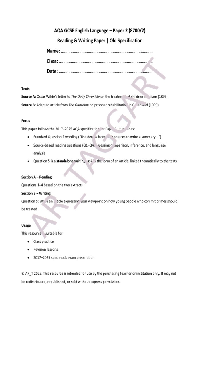 WILDE- FULL AQA- GCSE (RE-SIT 2025) English Paper 2 + Teacher Answers ...
