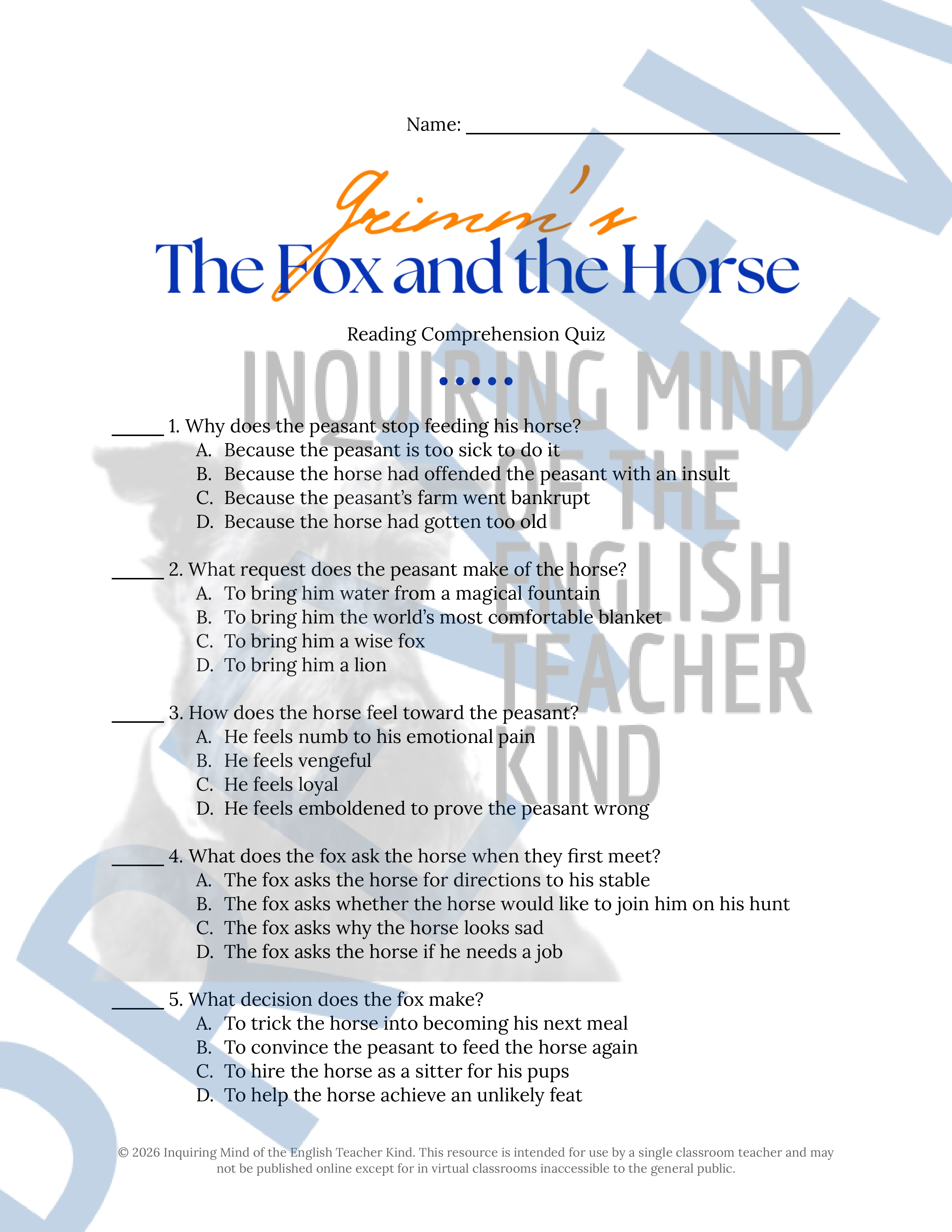 "The Fox and the Horse" Quiz and Answer Key | Grimm's Fairy Tale | Bell ...