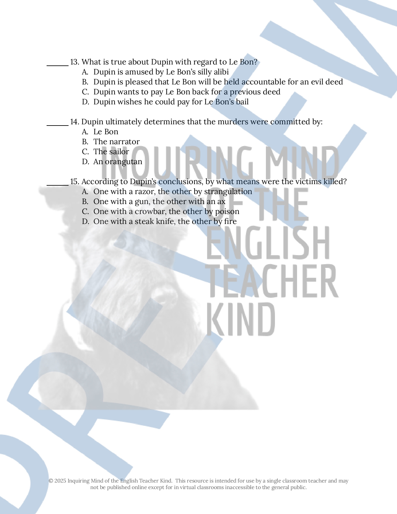 "The Murders in the Rue Morgue" by Edgar Allan Poe Quiz and Answer Key ...