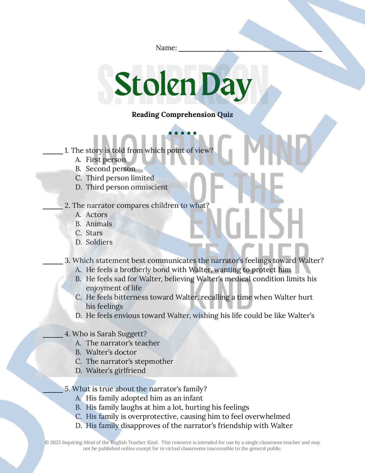 "Stolen Day" by Sherwood Anderson Quiz and Answer Key | Teaching Resources