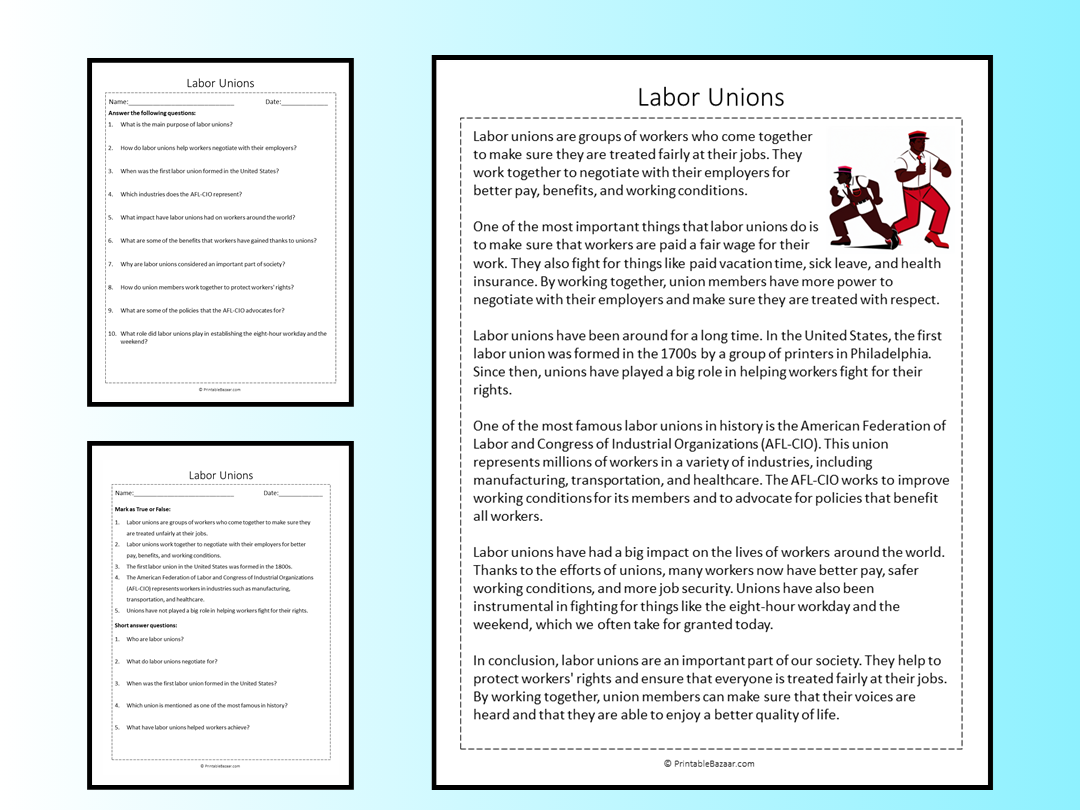 Labor Unions Reading Comprehension Passage Printable Worksheet ...