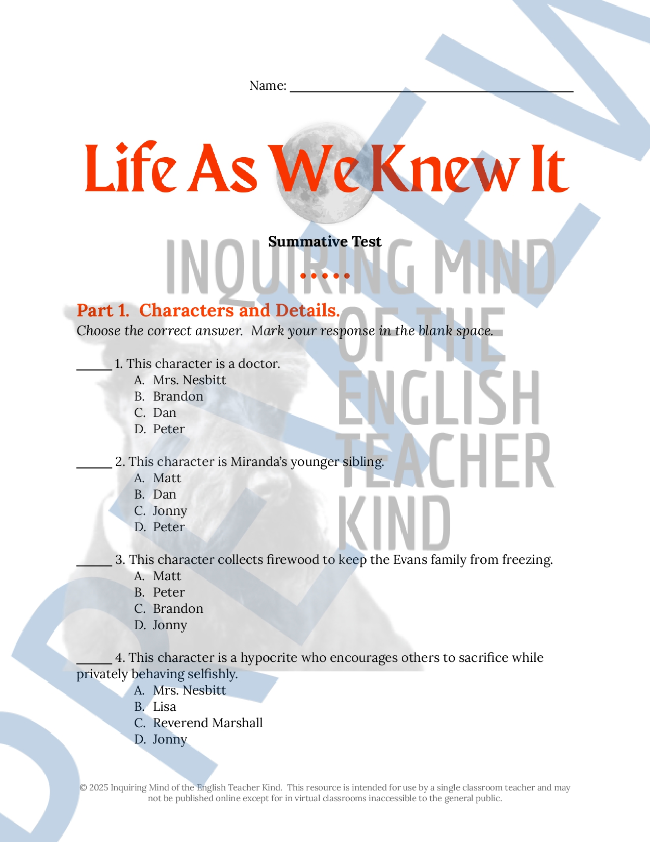 Life As We Knew It by Susan Beth Pfeffer Test and Answer Key | Teaching ...