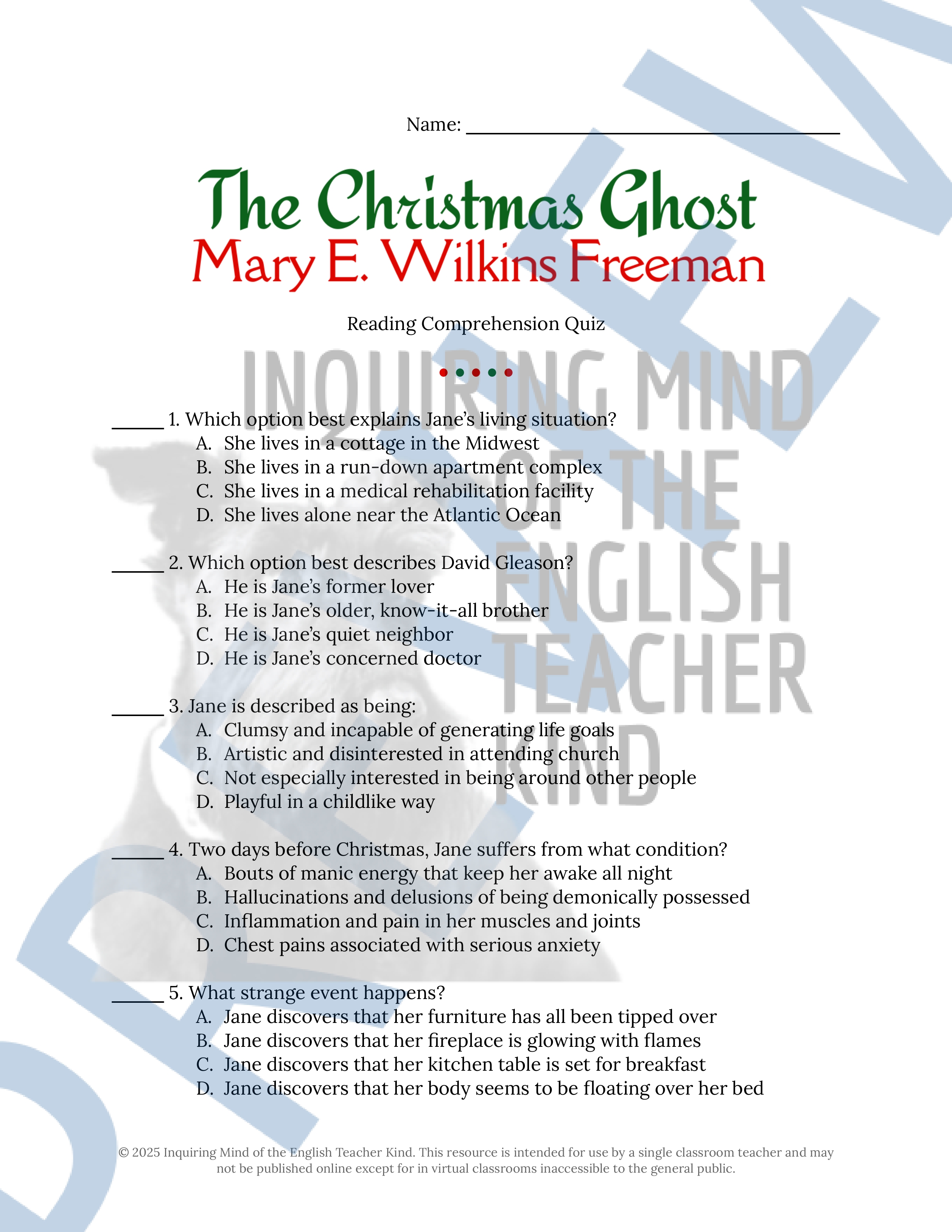 "The Christmas Ghost" by Mary E. Wilkins Freeman Quiz | Winter Holiday ...