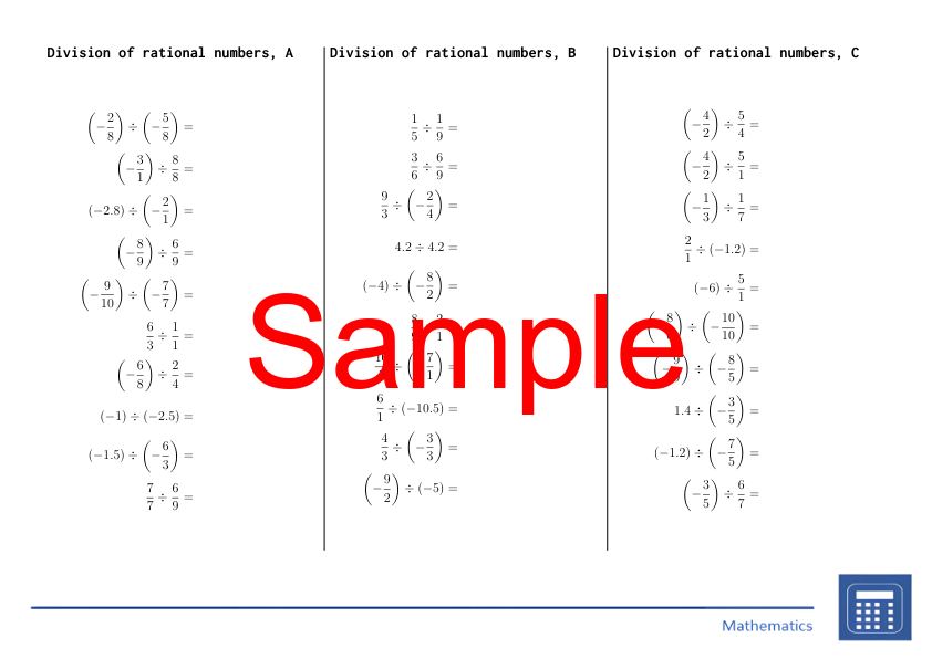 Division of Rational Numbers | Printable Worksheet | Teaching Resources
