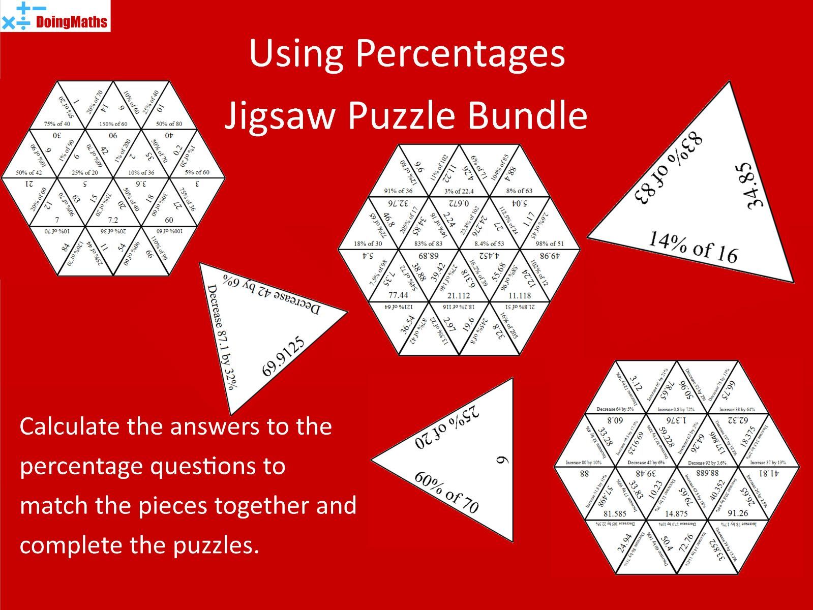 Finding and Using Percentages Practice Tarsia Jigsaw Bundle | Teaching ...