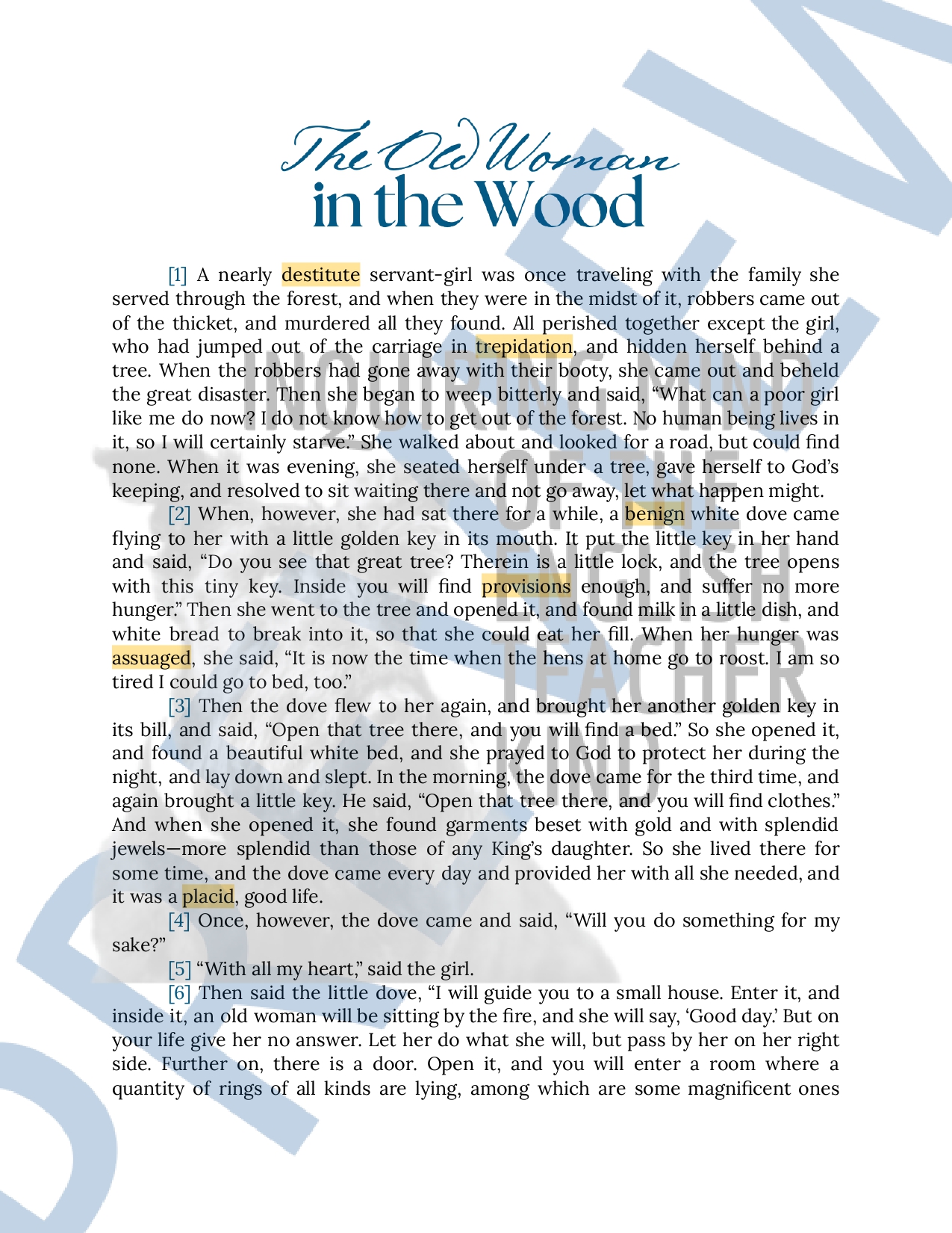 "The Old Woman in the Wood" Close Reading Analysis Worksheet (Grimm's ...