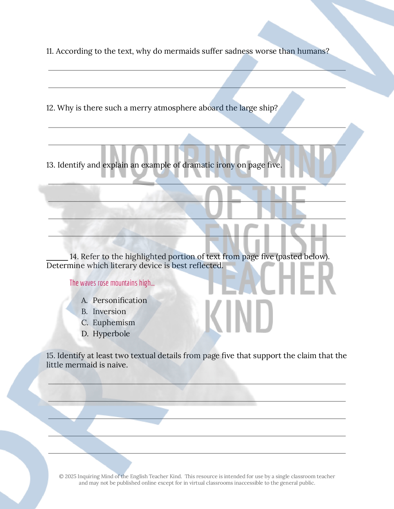 "The Little Mermaid" by Hans Christian Andersen Close Reading Worksheet ...