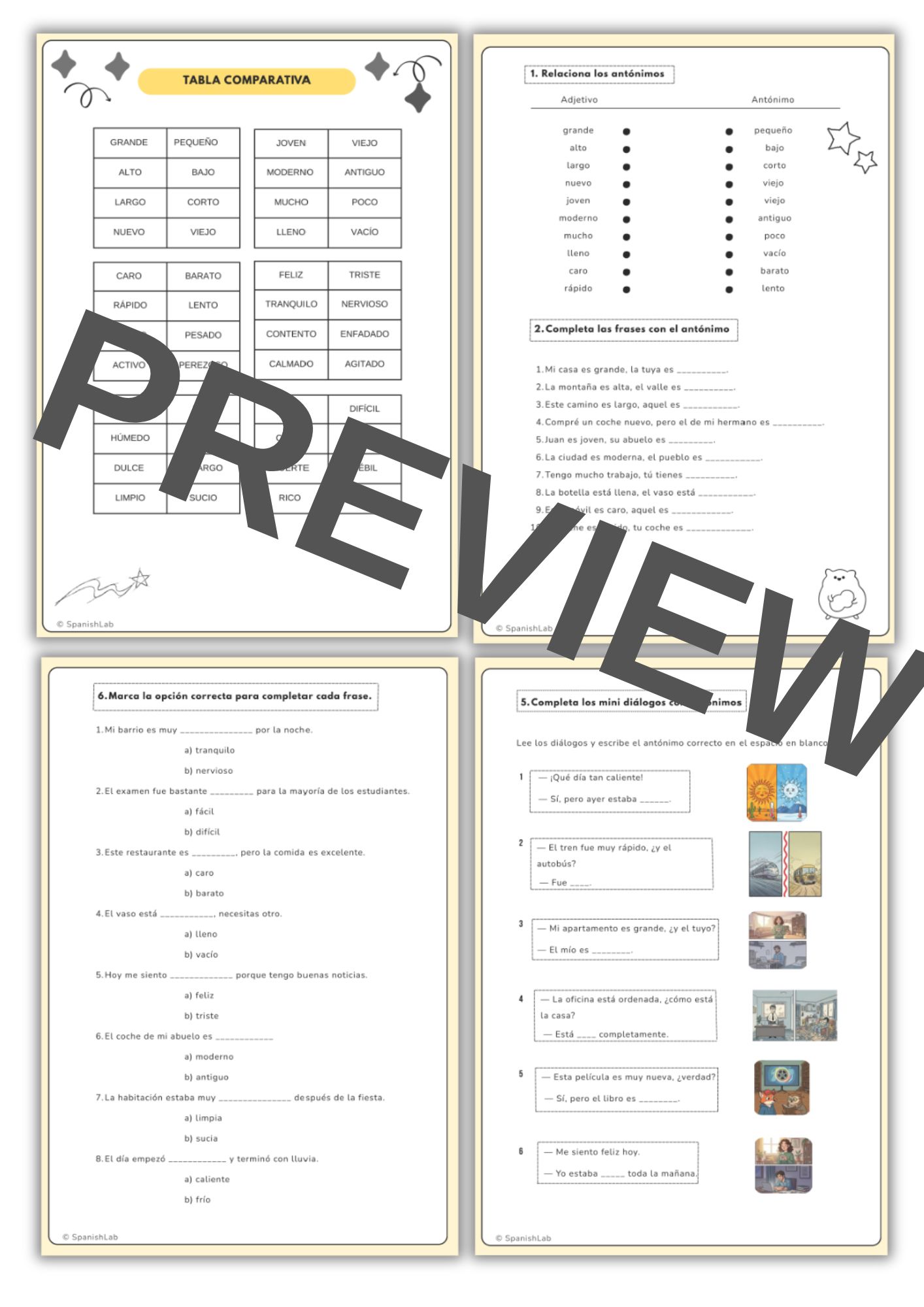 A2 Spanish Adjectives Opposites Worksheets | Antonyms Activities in ...