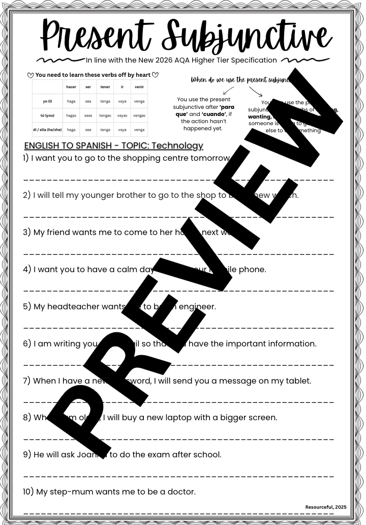 AQA New 2026 Spec Higher Tier Present Subjunctive Translation Worksheets | Teaching Resources