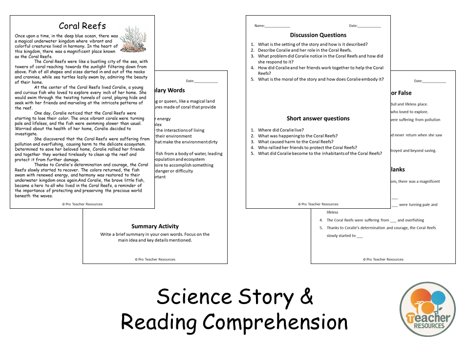 Coral Reefs Reading Science Story Comprehension Questions Worksheet ...