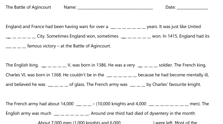 Agincourt Cloze and Questions Differentiated x 6 | Teaching Resources