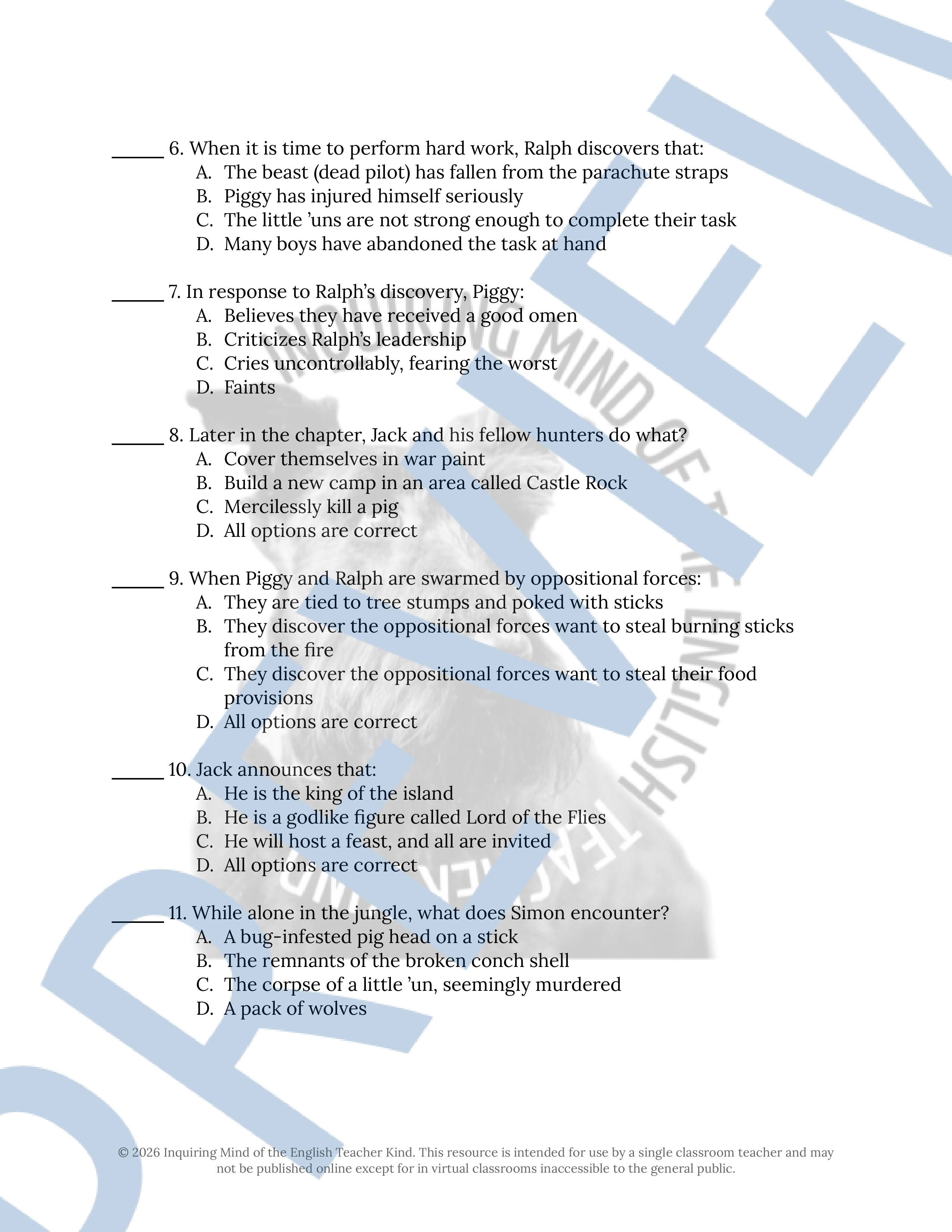 Lord of the Flies Chapter 8 Quiz and Answer Key | Guided Reading ...