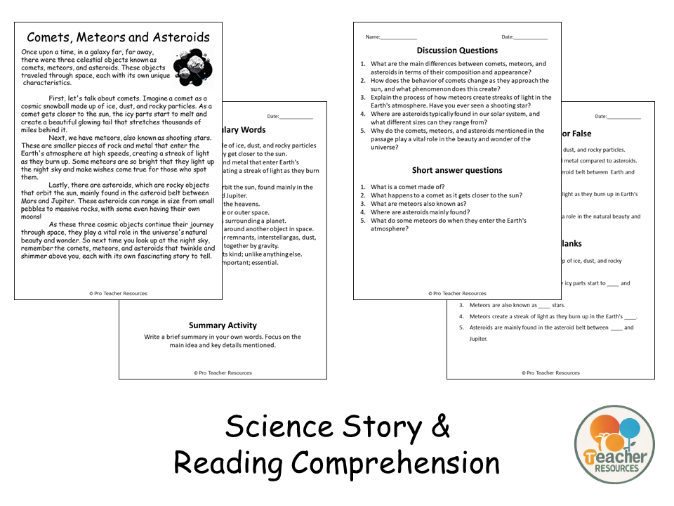 Comets, Meteors and Asteroids Reading Science Story Comprehension ...