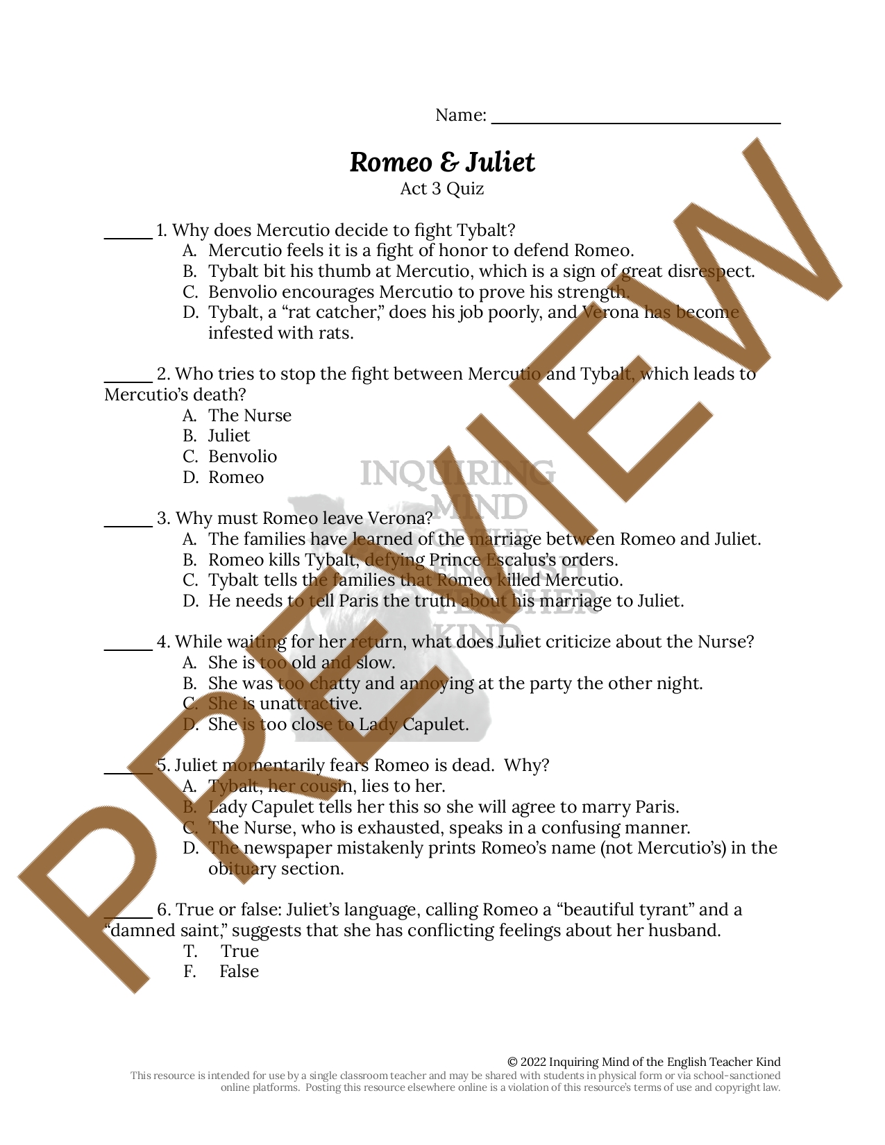 Romeo and Juliet Act 3 Quiz and Answer Key | Teaching Resources