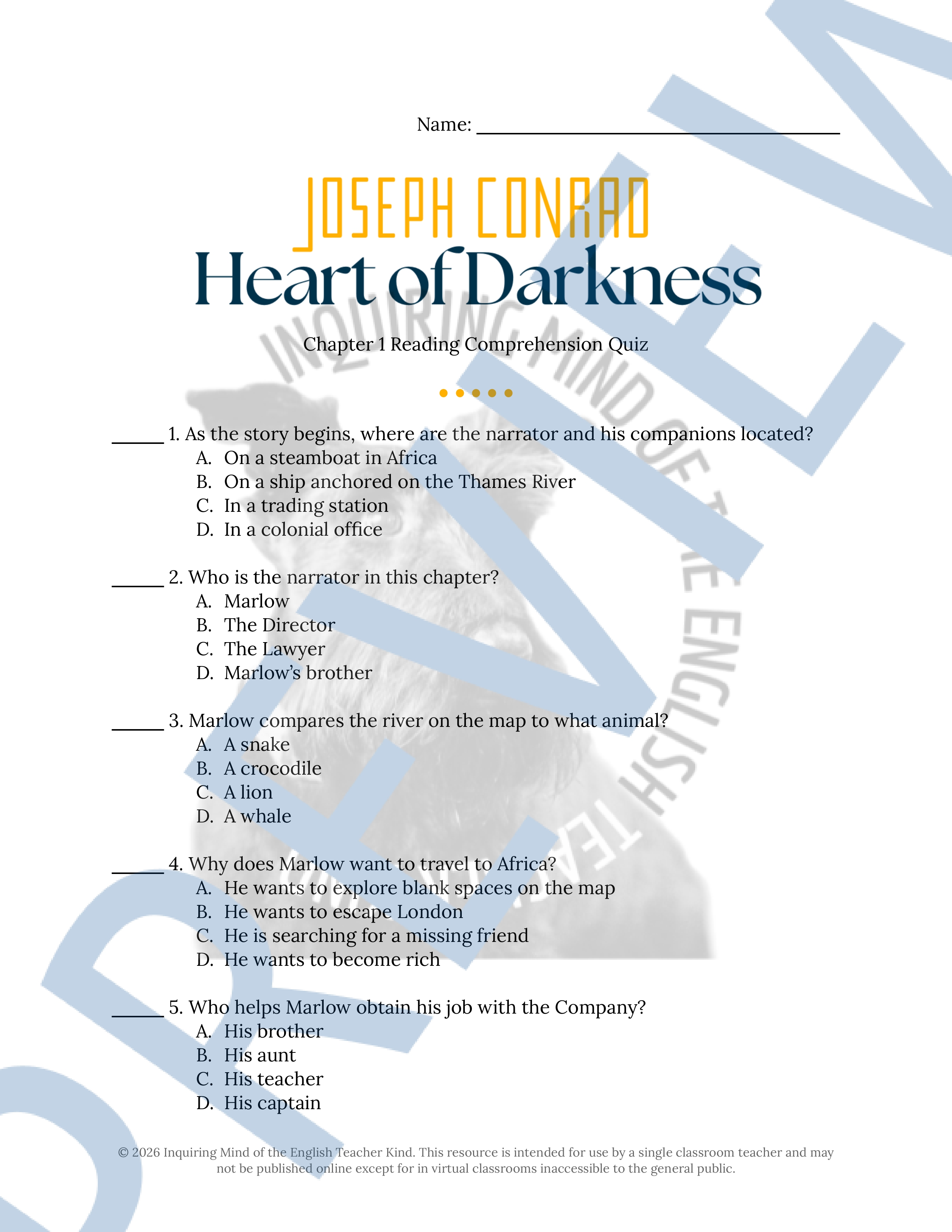 Heart of Darkness Chapter 1 Quiz and Answer Key | Reading Comprehension ...