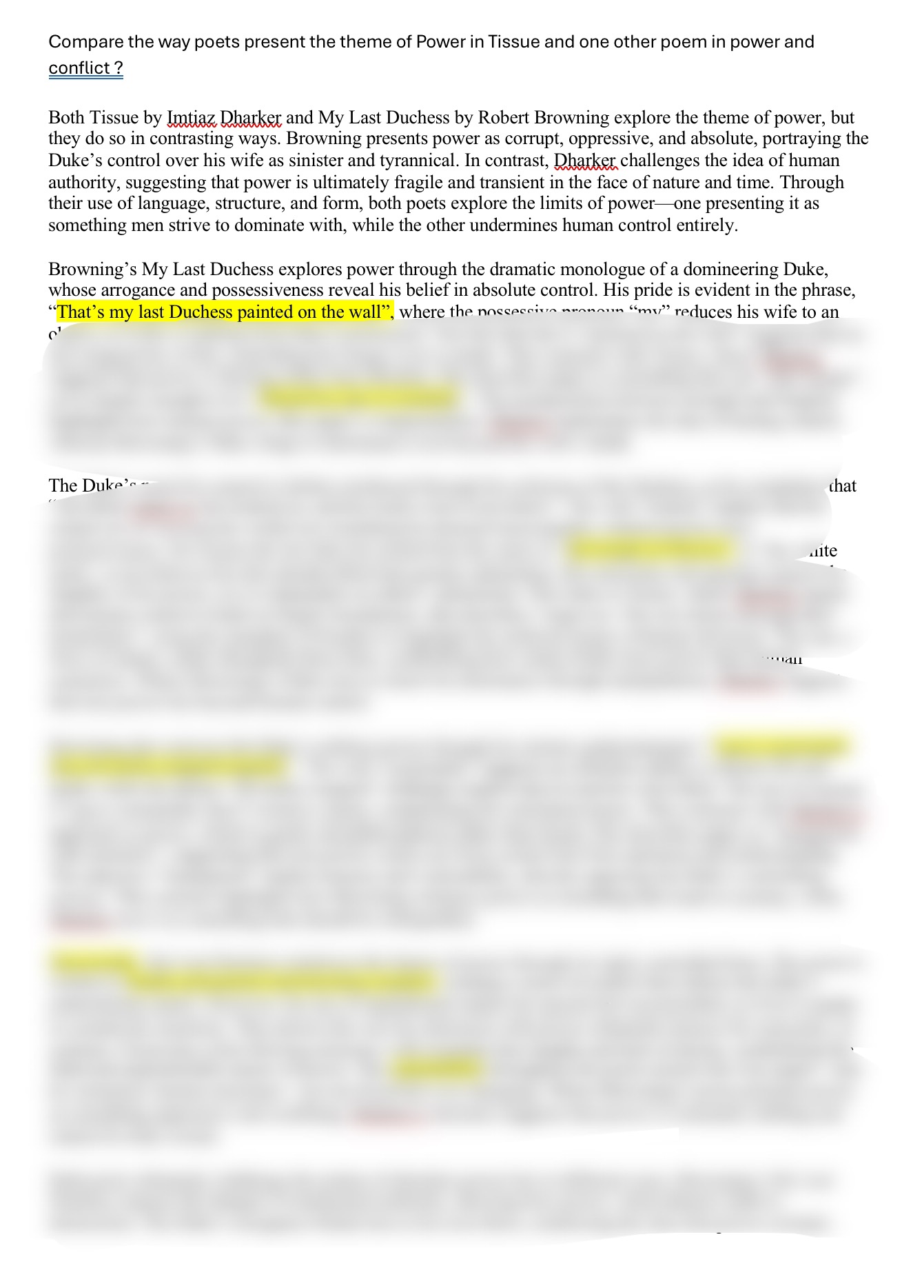 GCSE English Poetry Grade 9 Model Essay - 'Tissue' vs. 'My Last Duchess ...