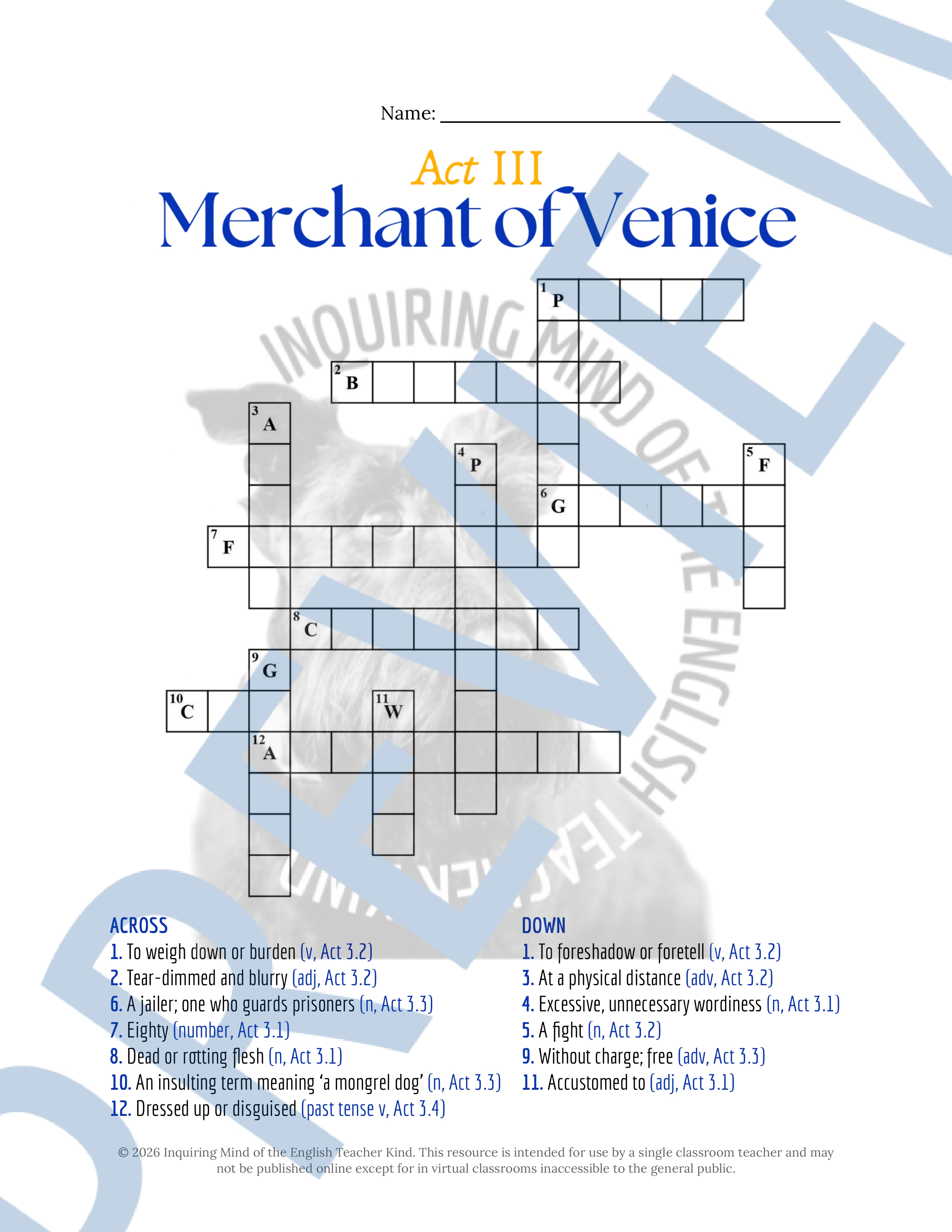The Merchant of Venice Act 3 Vocabulary Games | Crossword Puzzle | Word ...