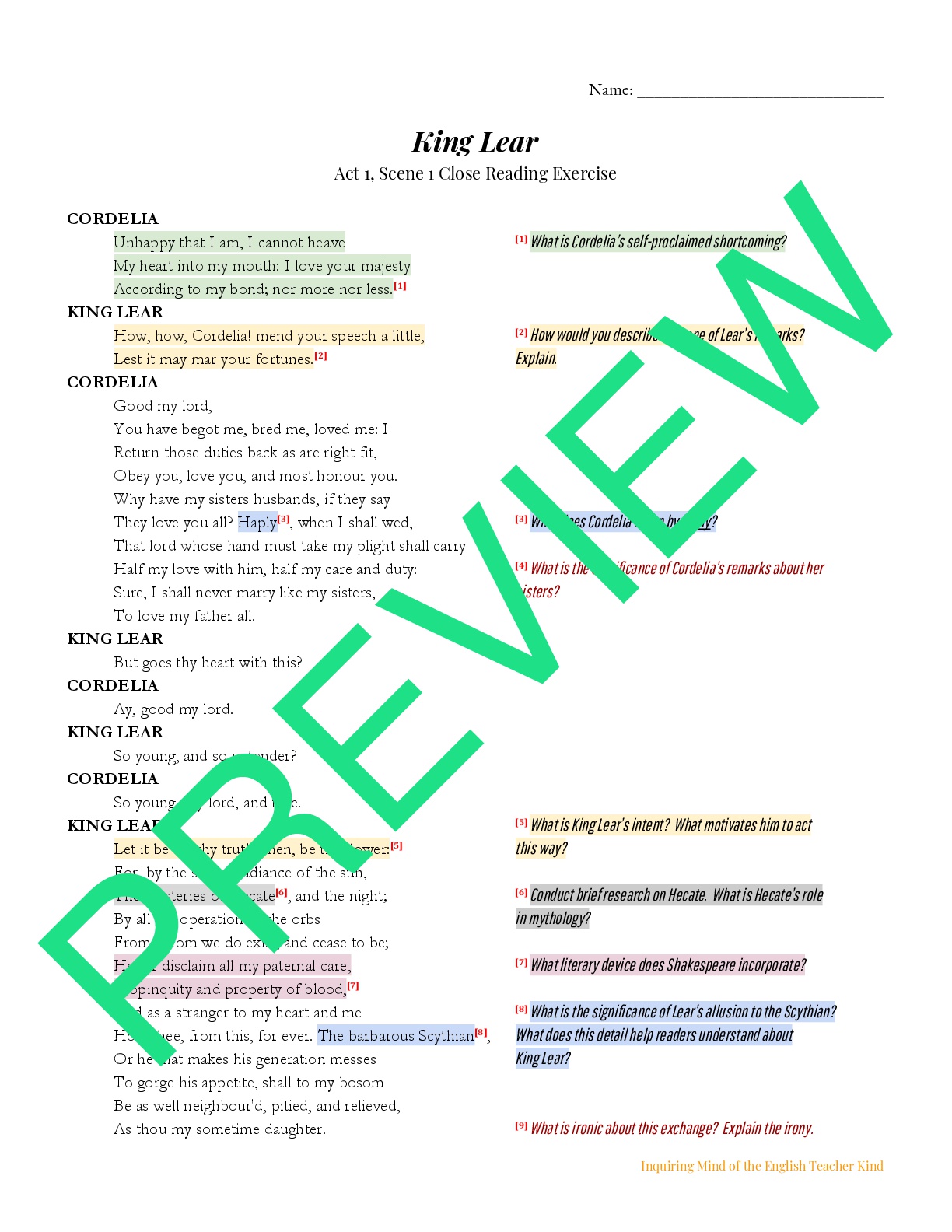 Shakespeare's King Lear Act 1 Scene 1 Close Reading Analysis | Teaching ...