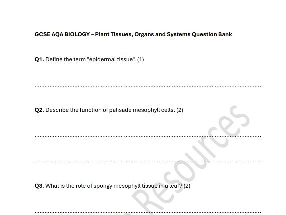 GCSE AQA BIOLOGY - PLANT TISSUES, ORGANS AND SYSTEMS QUESTIONS ...