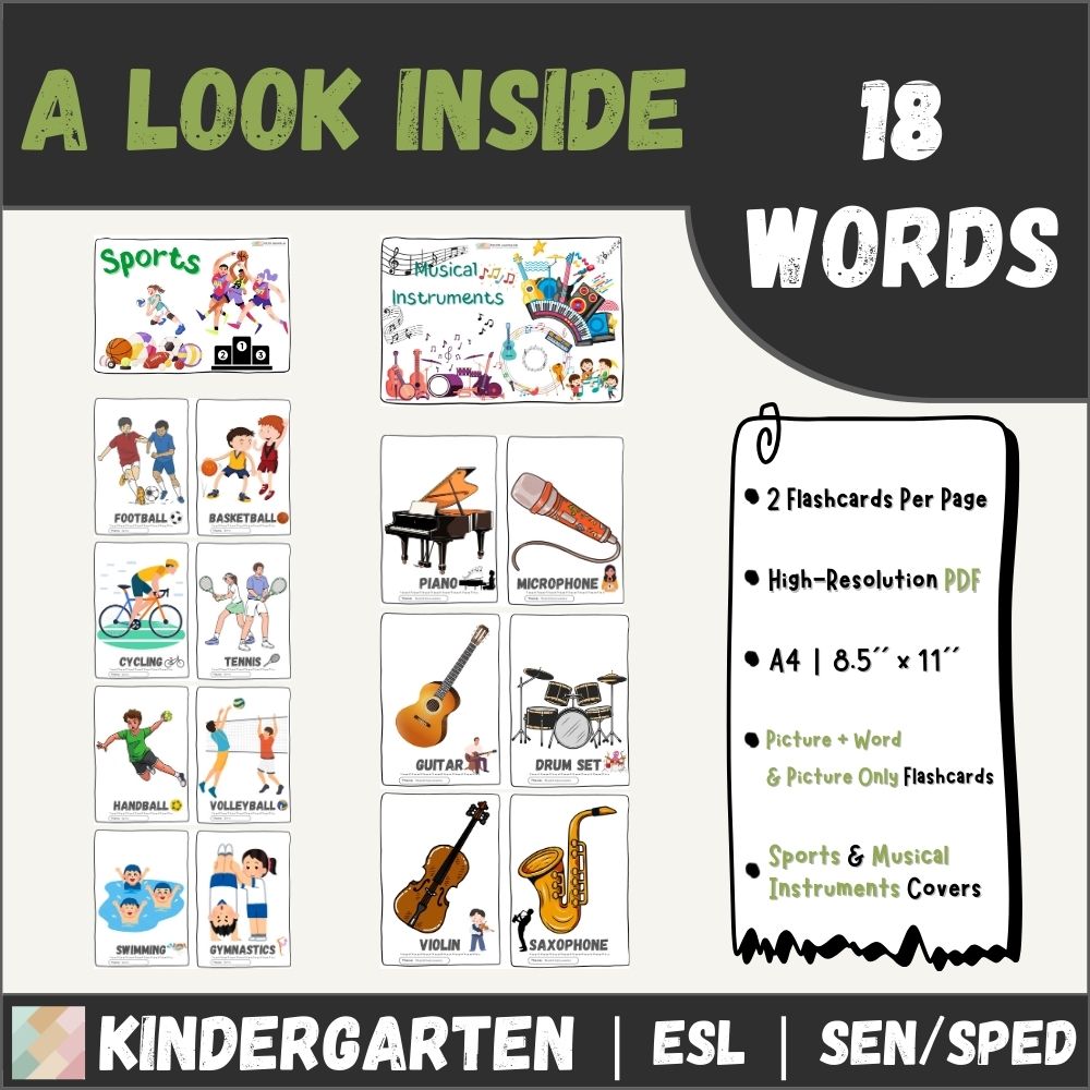 Sports & Musical Instruments Flashcards for ESL Kindergarten PreK ...