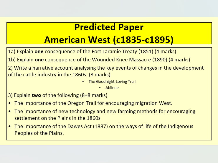 Edexcel GCSE History - Predicted Paper 2025 -American West 1835 -1895 | Teaching Resources