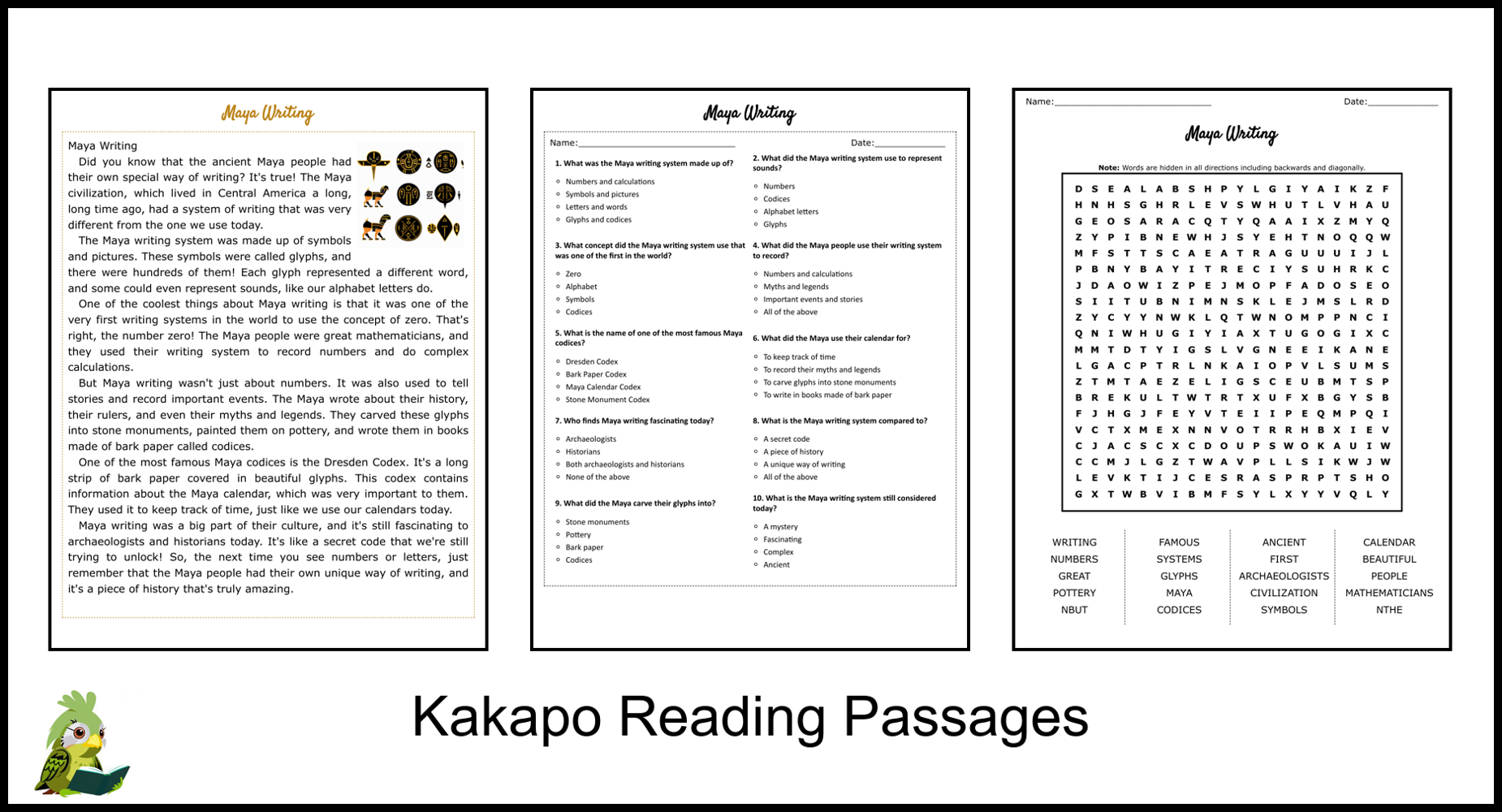Maya Writing Reading Comprehension and Word Search | Teaching Resources