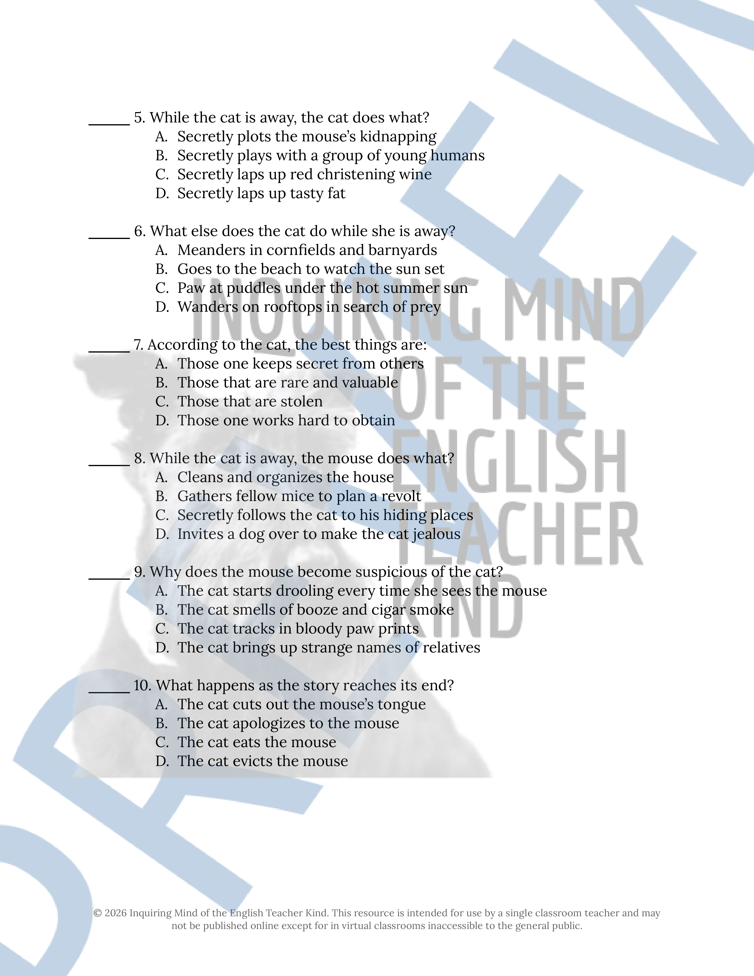 "Cat and Mouse in Partnership" Quiz and Answer Key | Brothers Grimm ...