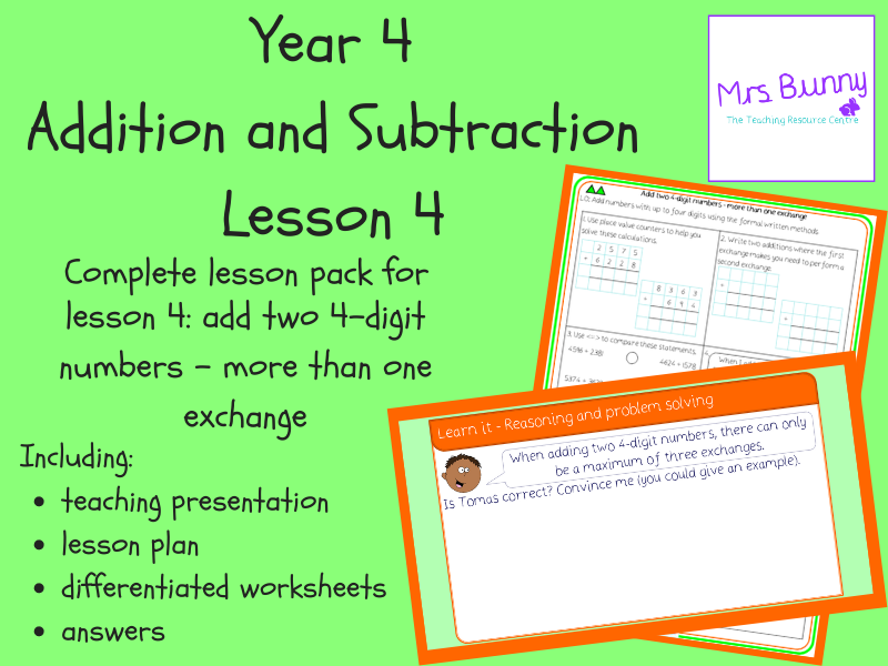 Add Two 4 digit Numbers More Than One Exchange Lesson Pack Year 4 Add Two 4 digit Numbers More Than One Exchange Lesson Pack Year 4