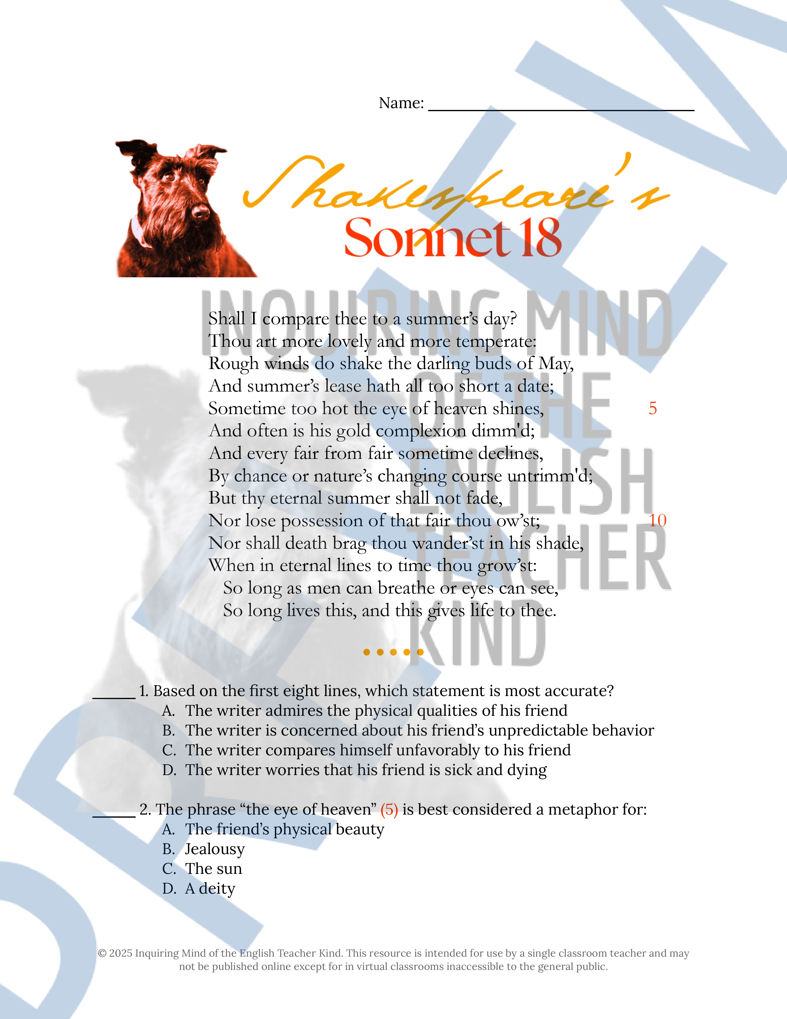 Shakespeare's Sonnet 18 Close Reading Worksheet and Answer Key | Poetry ...