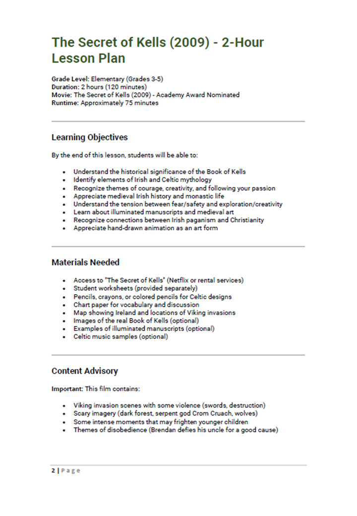'The Secret of Kells (2009)' - 2-Hour Lesson Plan for St. Patrick's Day ...