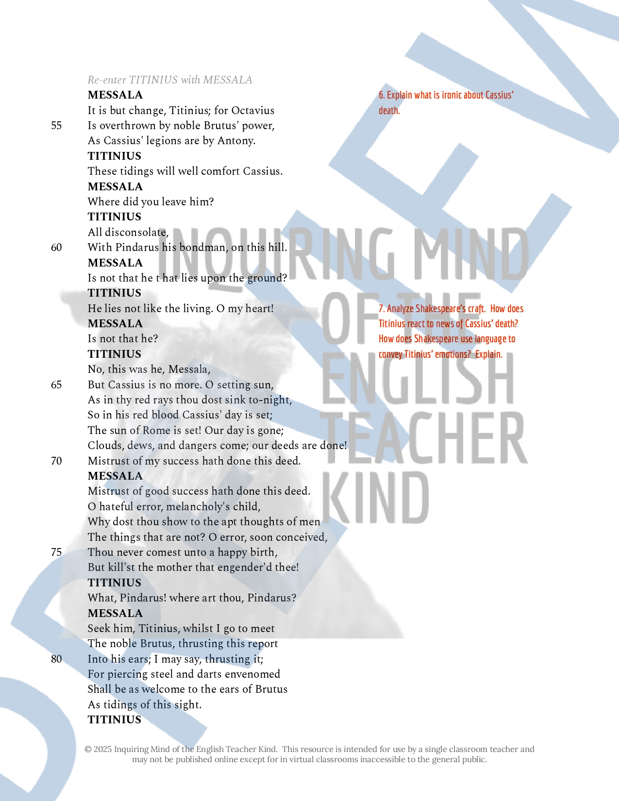 Julius Caesar Act 5 Scene 3 Close Reading Analysis Worksheet and Answer ...