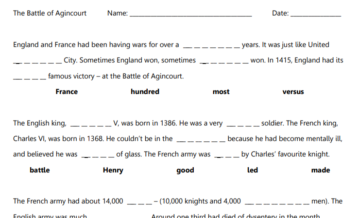 Agincourt Cloze and Questions Differentiated x 6 | Teaching Resources