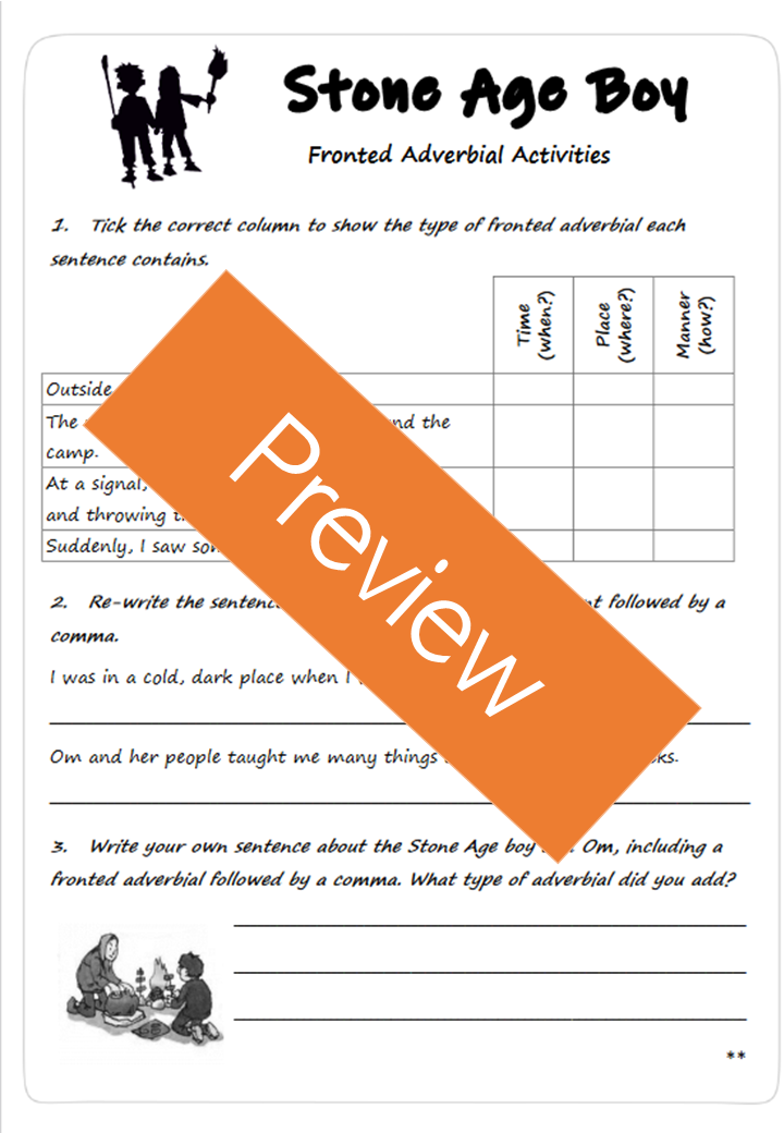 Stone Age Boy Fronted Adverbials Differentiated Worksheets & Answers ...