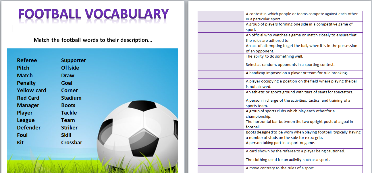 PE Physical Education Football Soccer Vocabulary Matching Task PE Physical Education Football Soccer Vocabulary Matching Task