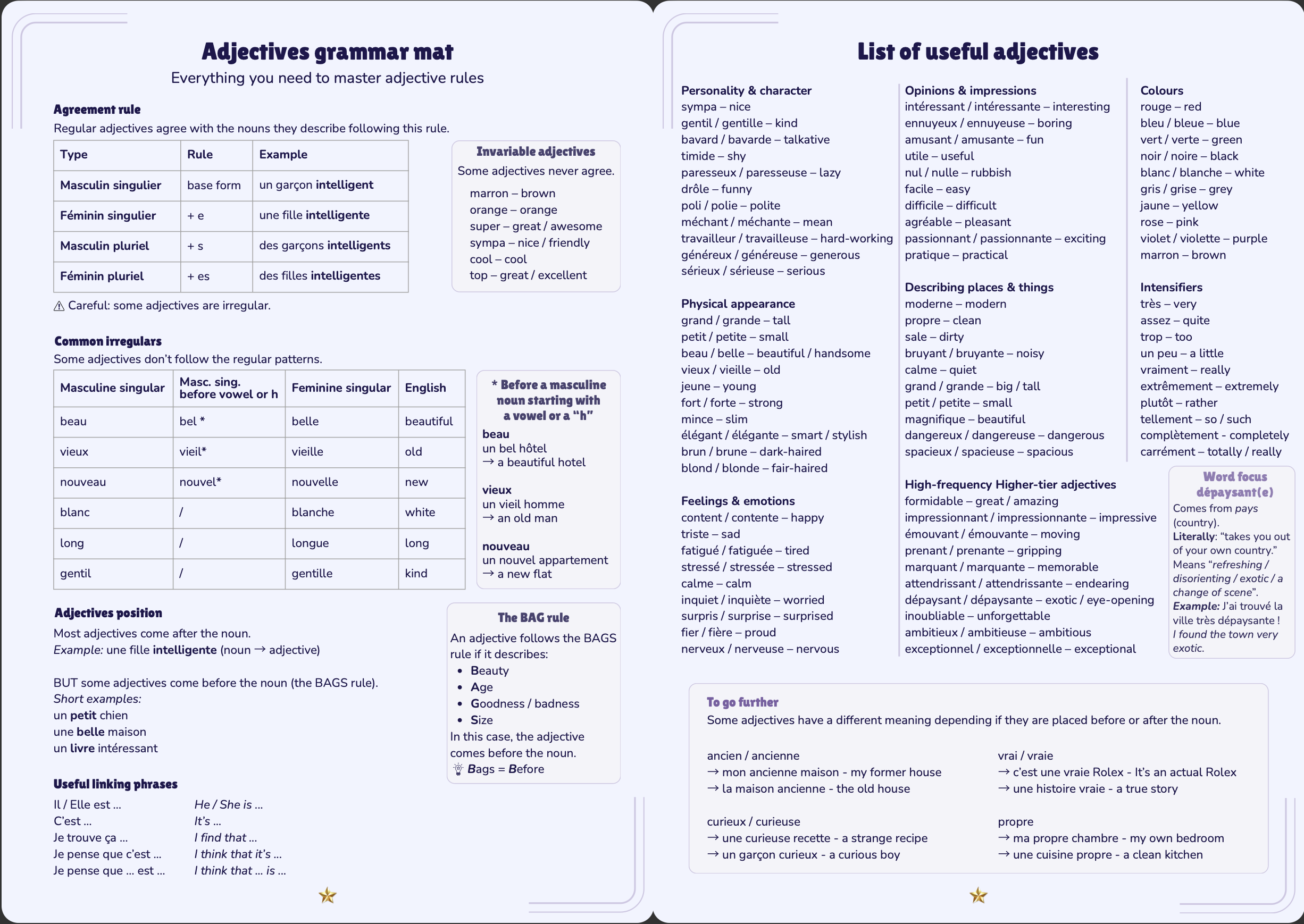 French adjectives – Grammar mat (KS3–GCSE) | Teaching Resources