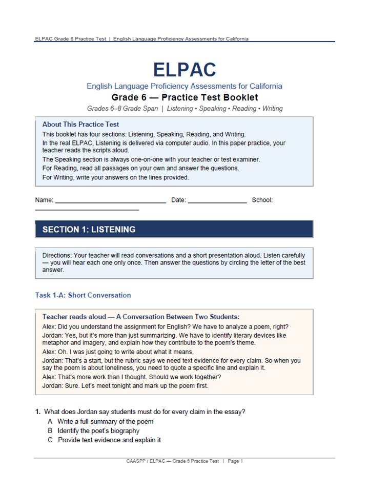 California CAASPP English Proficiency Practice Test for Grade 6 ...