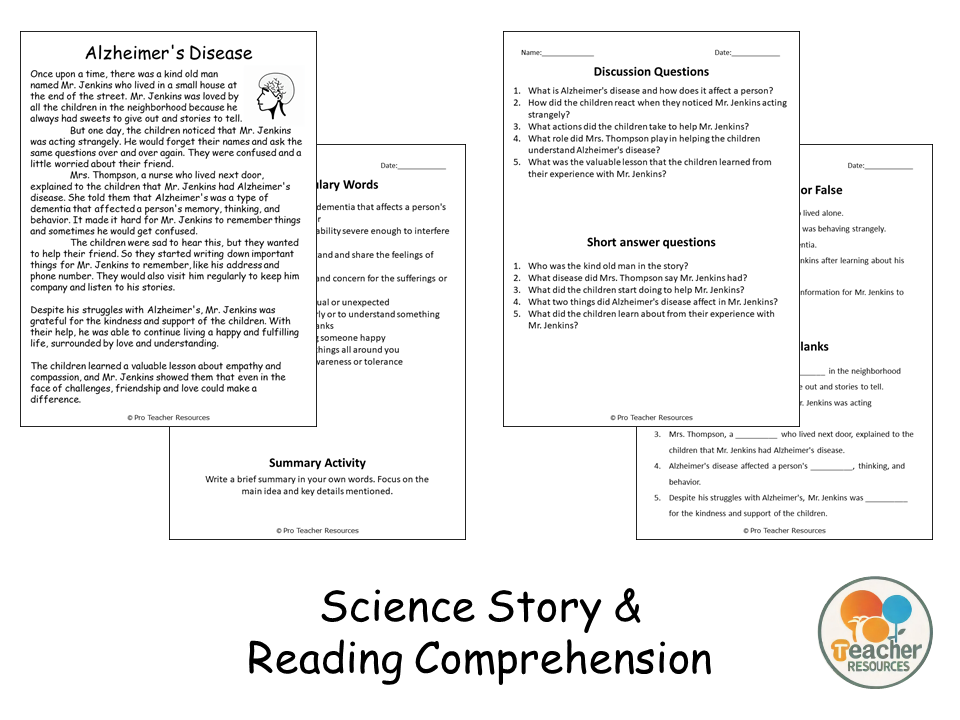 Alzheimer's Disease Reading Science Story Comprehension Questions ...