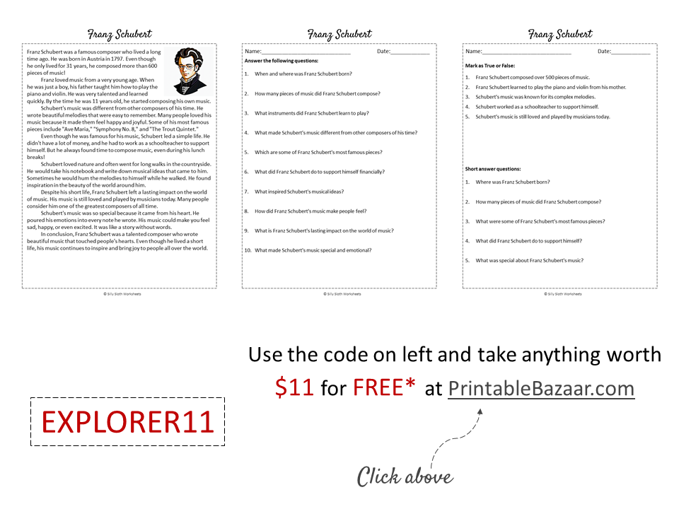 Franz Schubert Biography Reading Comprehension Passage Printable ...