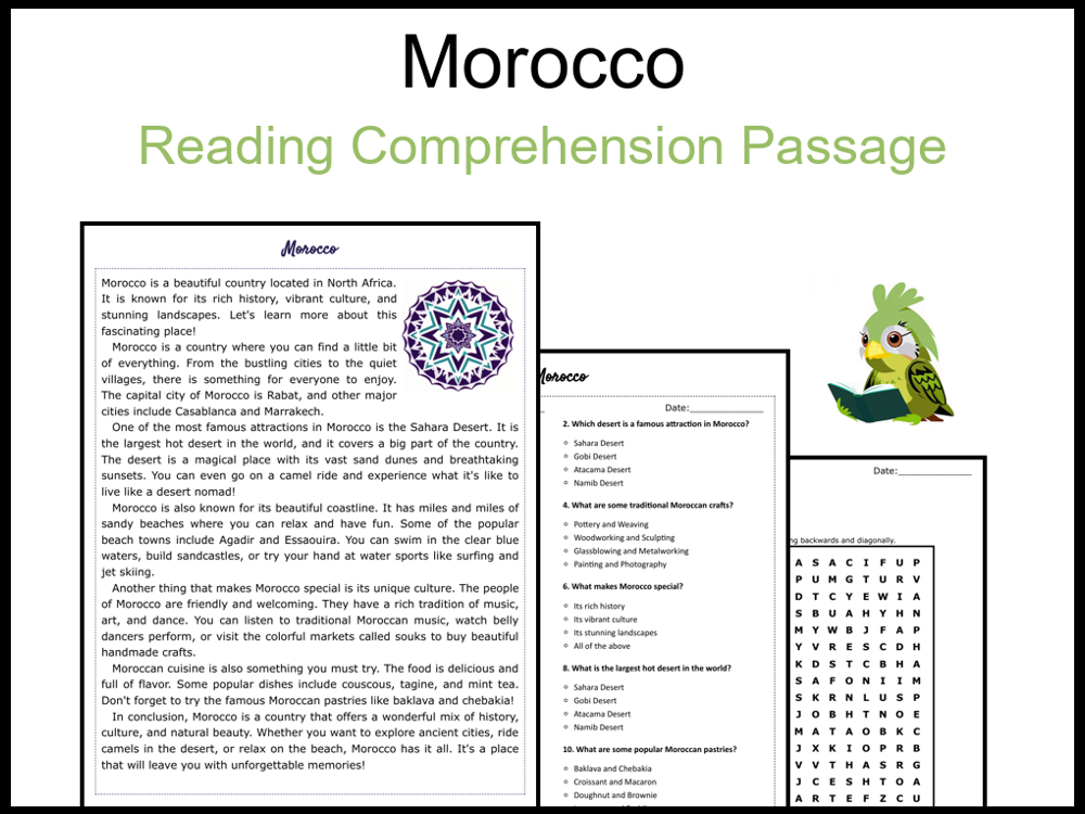 Morocco Reading Comprehension and Word Search | Teaching Resources