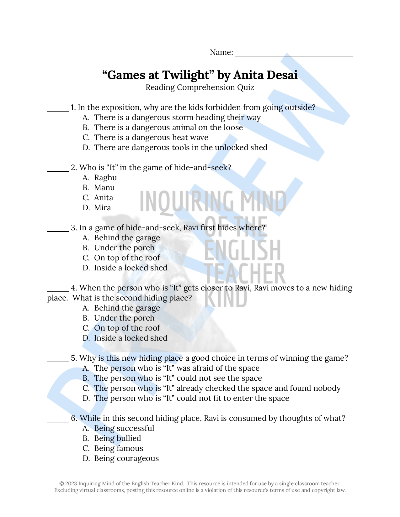 "Games at Twilight" by Anita Desai Quiz and Answer Key | Teaching Resources