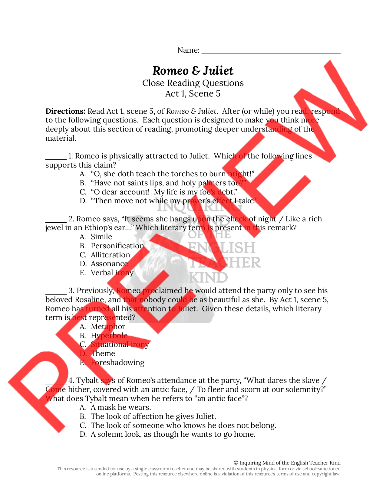 Romeo and Juliet Act 1 Scene 5 Close Reading Worksheet | Teaching Resources
