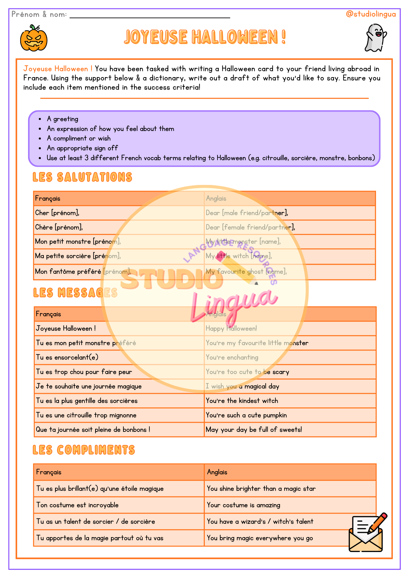 French Halloween Cards | Structured Writing Activity | Printable PDF ...